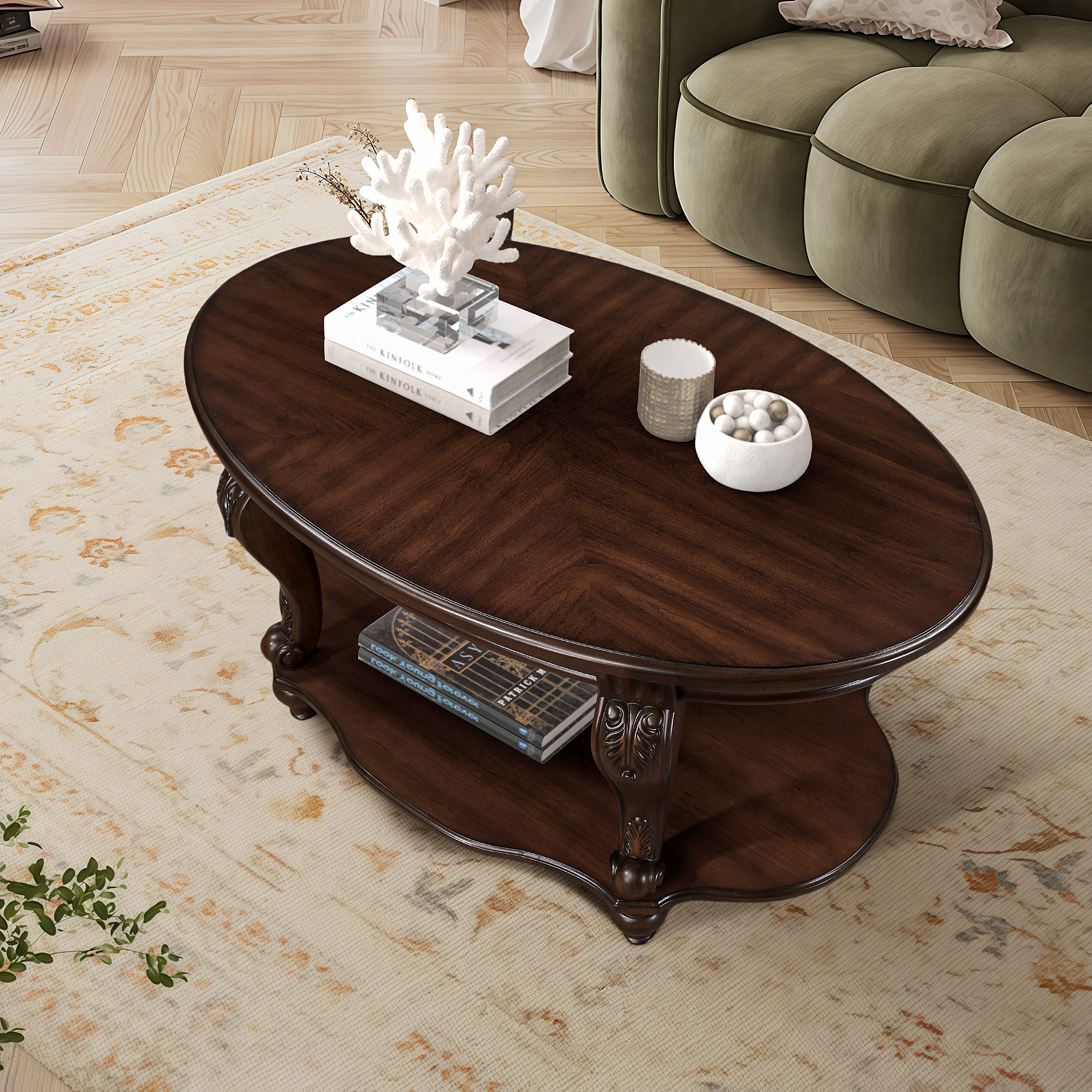 PROXIJ 42 Inch Double-layer Solid Wood Cocktail Table | Oval Outline+open Storage Rack, Easy To ...